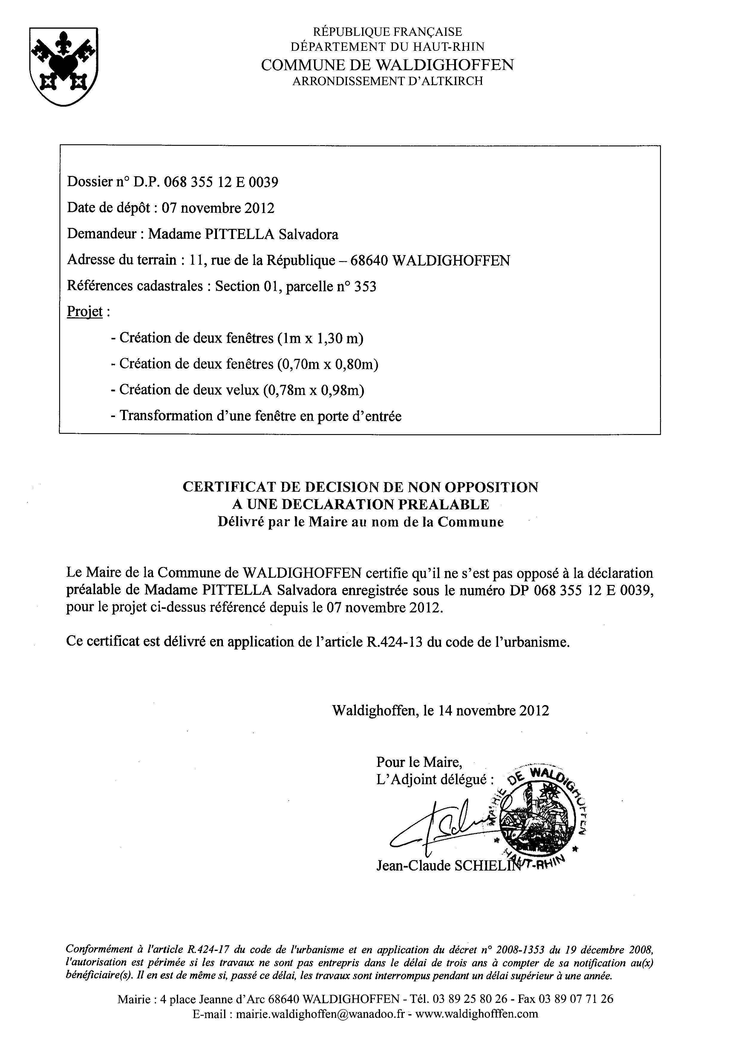 Non-opposition à la déclaration préalable n°12E0039 - Mme PITTELLA Non-opposition à la déclaration préalable n°12E0039 - Mme PITTELLA