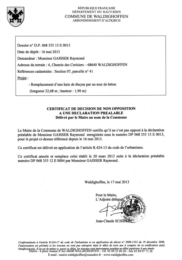 Non-opposition à la déclaration préalable n°13E0013 - M. GAISSER Non-opposition à la déclaration préalable n°13E0013 - M. GAISSER