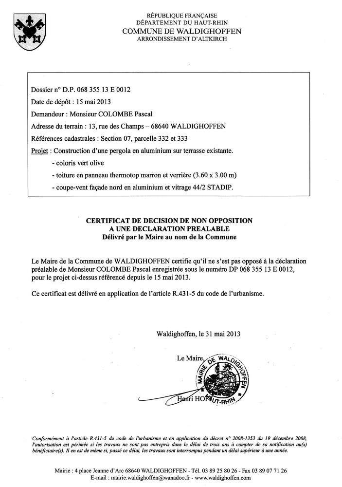 Non-opposition à la déclaration préalable n°13E0014 - M. COLOMBE Non-opposition à la déclaration préalable n°13E0014 - M. COLOMBE